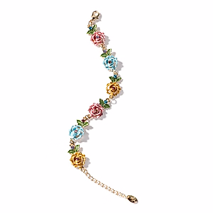 Puadun Elegant Cloisonne Flower and Leaf Bangle Bracelet with Sparkling Rhinestone Charm and Adjustable Extension Chain - Gift for Women, Comes in Gift Box