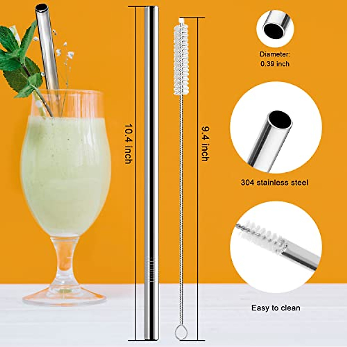 Stainless Steel Straws 8 pcs, Large 265mm (L)* 12mm (D) Straight Straws for 50 Oz Tumblers, Reusable Enviro Friendly straws with 2 Brushes, Clothing Bag Package for Parties/Home/Bar/Inns