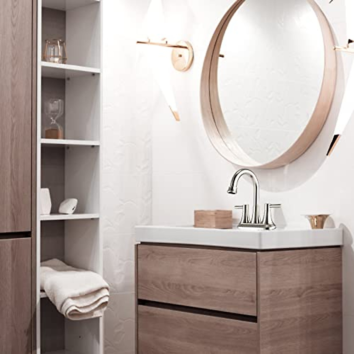 Bathroom Faucets for Sink, Gomylifer Bathroom Sink Faucet 2 Handle，4 Inch Centerset Sink Faucet with Pop Up Drain and Supply Hoses,Stainless Steel 360 Swivel Spout, Lead-Free, Brushed Nickel