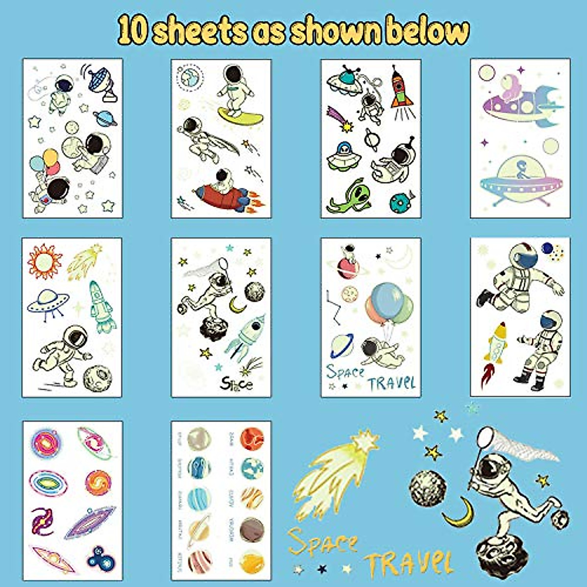 Space Party Supplies, Solar System Luminous Temporary Tattoos for Boys, Space Glow Birthday Party Decorations Favors for Kids, Space Fake Tattoos Stocking Stuffers Accessories (10 Sheets)