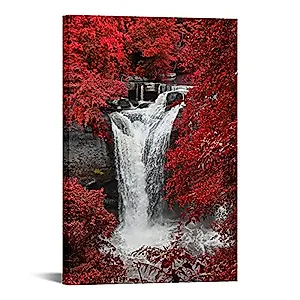 iKNOW FOTO Red Waterfall Canvas Wall Art Decor Vertical Decorative Prints Forest Landscape Picture for Living Room Kitchen Bedroom Office Home Decor Gift 24x36