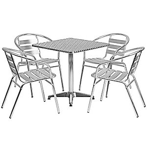 Flash Furniture 27.5'' Square Aluminum Indoor-Outdoor Table Set with 4 Slat Back Chairs
