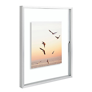 Frametory, Floating Picture Frame 11x14 - Silver Aluminum Metal Photo Frame - Real Glass of Front - for Wall Mount Displays