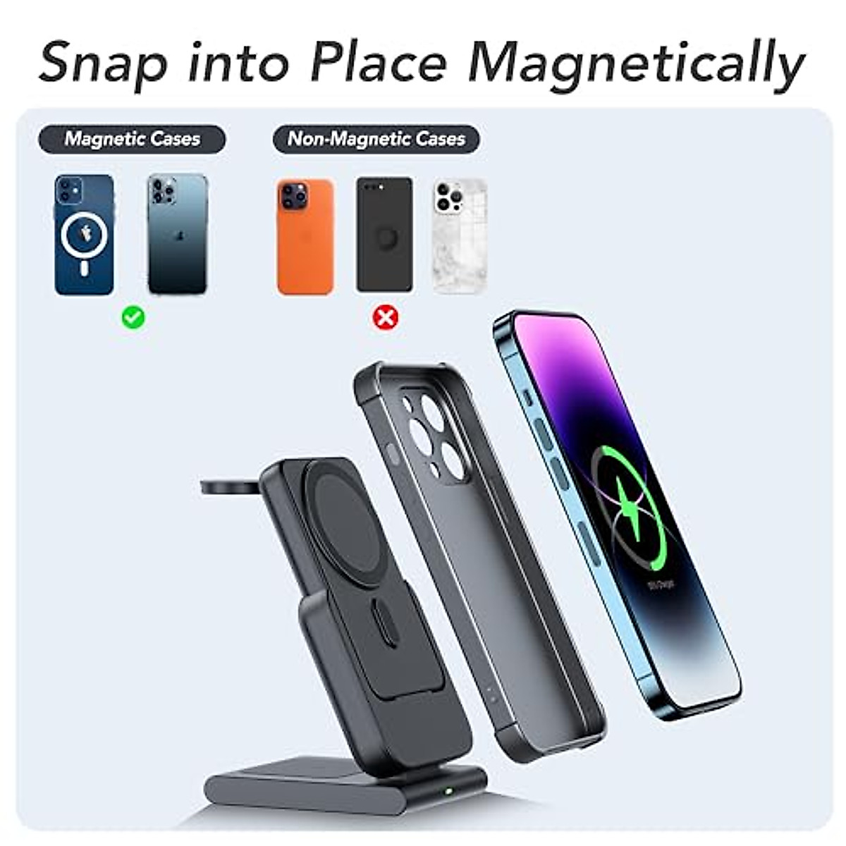 3 in 1 Wireless Charging Station,5000mAh Fast Foldable Portable Charger Battery Pack USB C Power Bank for MagSafe,for iPhone 15 14 13 12 Series/Apple Watch/Airpods with 20W Charger Adapter (Black)