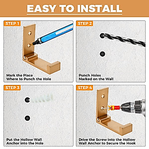 MOOTVGOO 10 Pack Folding Hooks, Wall Mounted Coat Hooks for Backpack, Coat, Towel, Hat, Headphone, Bags, Keys, Come with Mounting Screws, Wall Anchors(Gold)