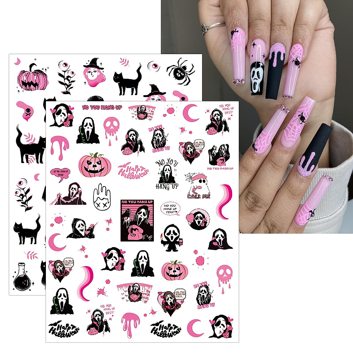 JMEOWIO 9 Sheets Pink Halloween Nail Art Stickers Decals Self-Adhesive Pegatinas Uñas Cute Skull Ghost Witchy Spider Web Bat Candy Pumpkin Nail Supplies Nail Art Design Decoration Accessories