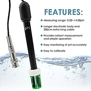 0-14 pH Electrode Probe, pH Meter with Replacement BNC Connector and 300cm Cable Sensor for ph Monitor Controller Tester Meter Kit Set for Aquarium Hydroponics Plant Pool Spa