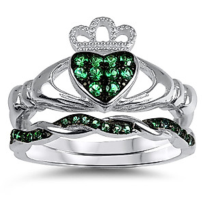 His Hers Celtic Wedding Ring Set TRIO 3 PCS Simulated Emerald Bridal Set Silver Black 316L Steel Him Her