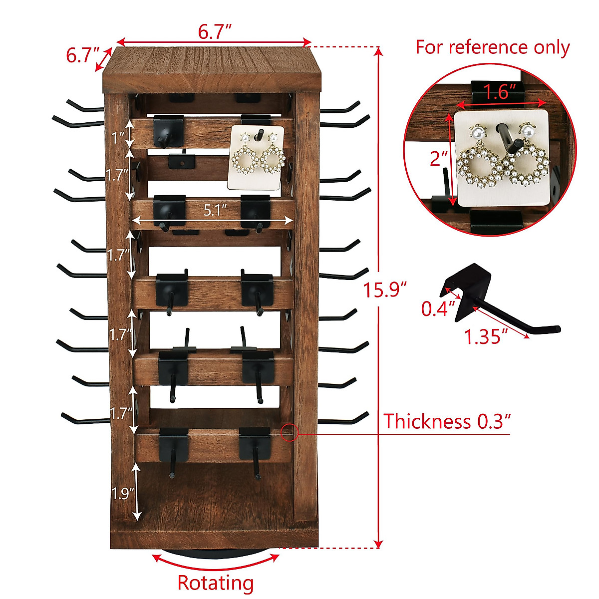 Ikee Design 5 Tiers Easy Assemble Wood Rotating Jewelry Display Tower with 42 Removable Hooks,Spinning Earring Card Storage Display Stand for Store, Showcase, Tradeshow and Home,Brown Color