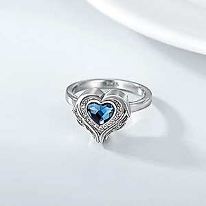 AOBOCO 925 Sterling Silver Angel Wings Heart Cremation Ring Holds Loved Ones Ashes, Heart Urn Ring for Ashes for Women, Memorial Keepsake Ring Embellished with Crystals from Austria (Blue, 9)