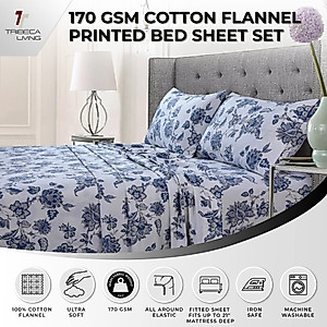 Tribeca Living Ultra-Soft Flannel Sheet Set, 170-GSM Cotton, Deep Pocket, Cozy Winter Bedding - Queen, Floral Deep Blue