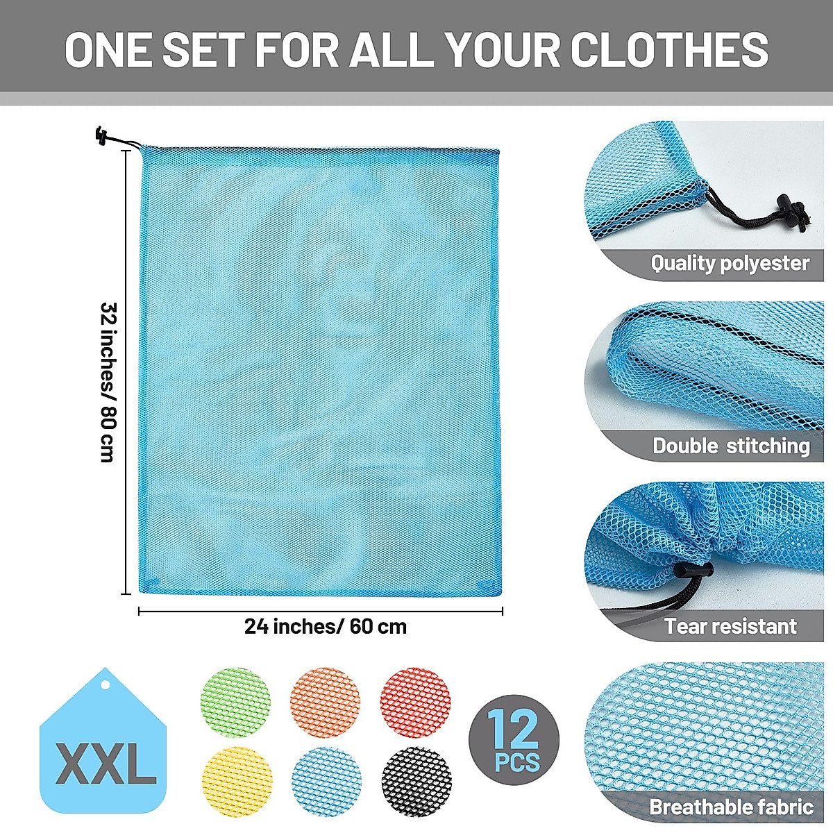Berlune Laundry Bag Large 24'' x 32" colorful Mesh Laundry Bag with Drawstring Heavy Duty Mesh Bag Machine Washable Drawstring Bag for Delicate College Dorm Travel(12 Pcs)