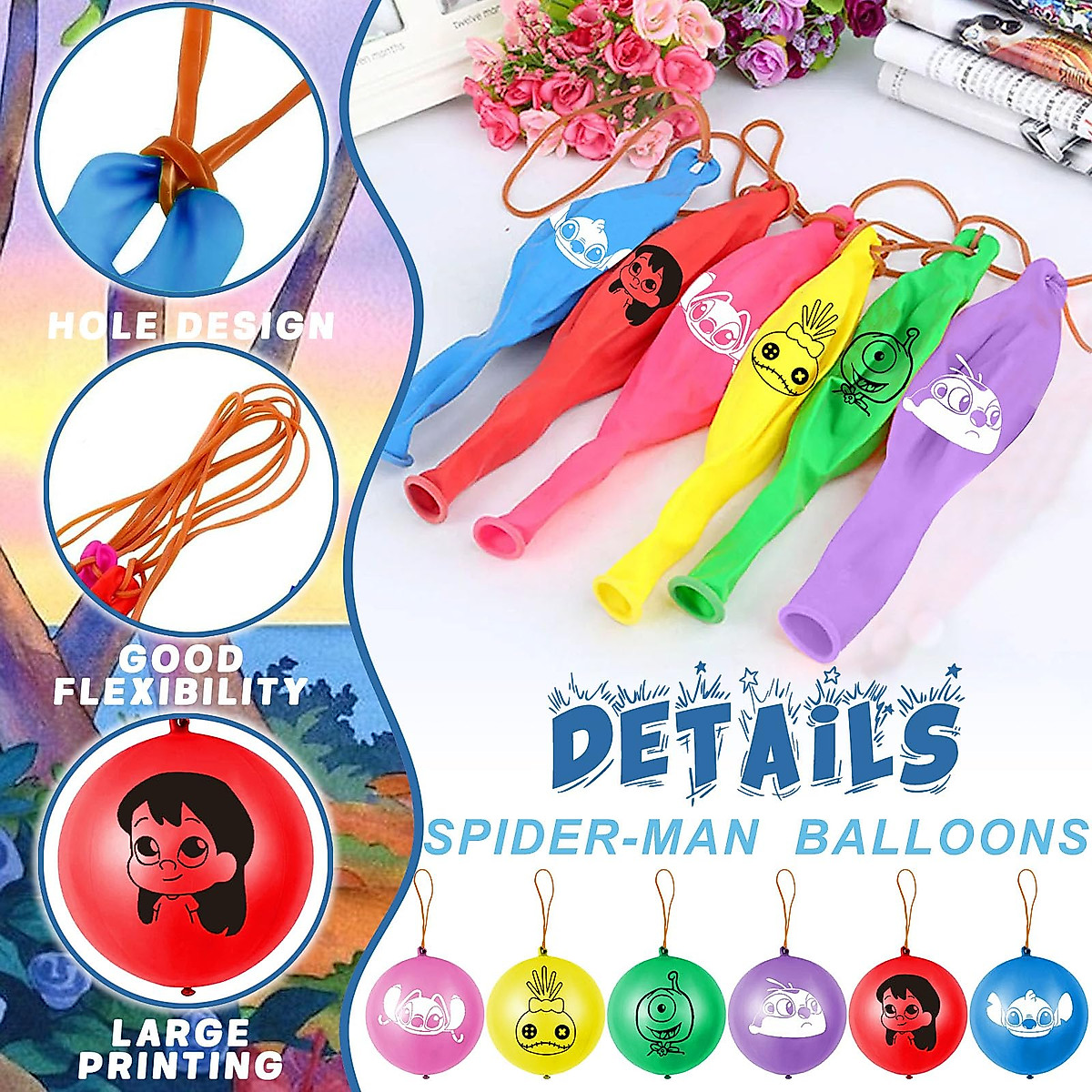 24 Pcs Punch Balloons Colorful Latex Punch Ball Party Favors Bounce Balloons with Rubber Band Handle for Birthday Party