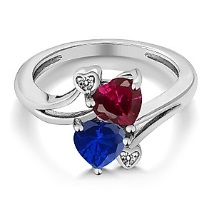 Gem Stone King 925 Sterling Silver Red Created Ruby Blue Created Sapphire and White Diamond Ring For Women (1.80 Cttw, Heart Shape 6MM, Available In Size 5, 6, 7, 8, 9)