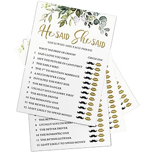 Printed Party Bridal Shower Games – He Said She Said Game with Fun Bride and Groom Trivia, Wedding Shower Activity, Botanical Eucalyptus Theme, 50 Guests