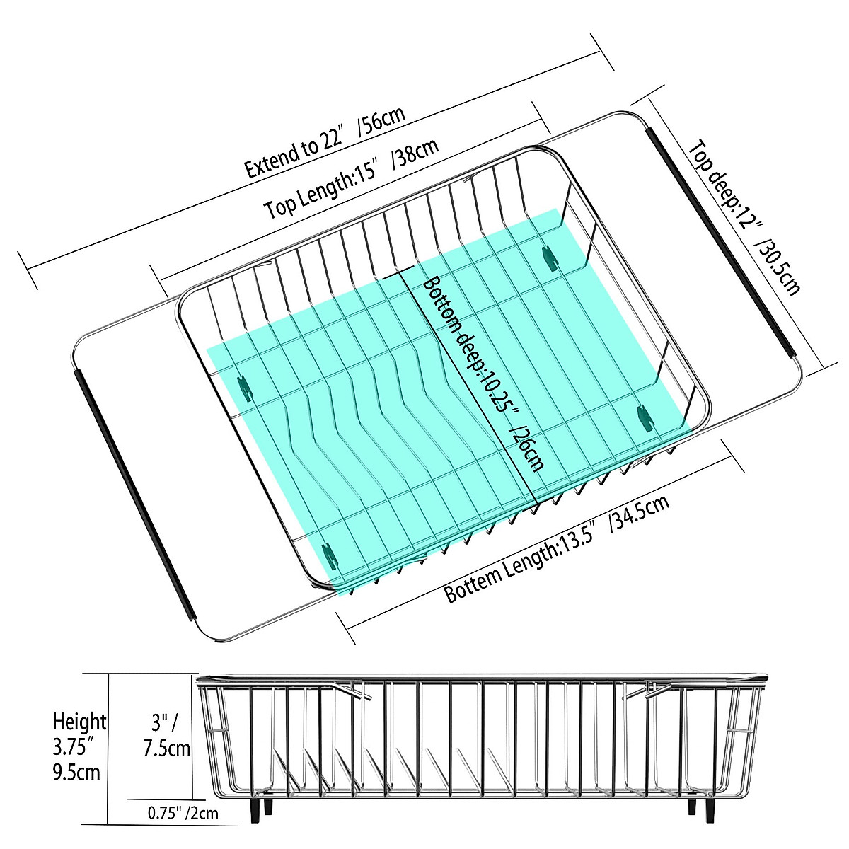 SANNO Expandable Dish Drying Rack Over The Sink Dish Drainer Dish Rack in Sink or On Counter with Utensil Silverware Storage Holder, Rustproof Stainless Steel
