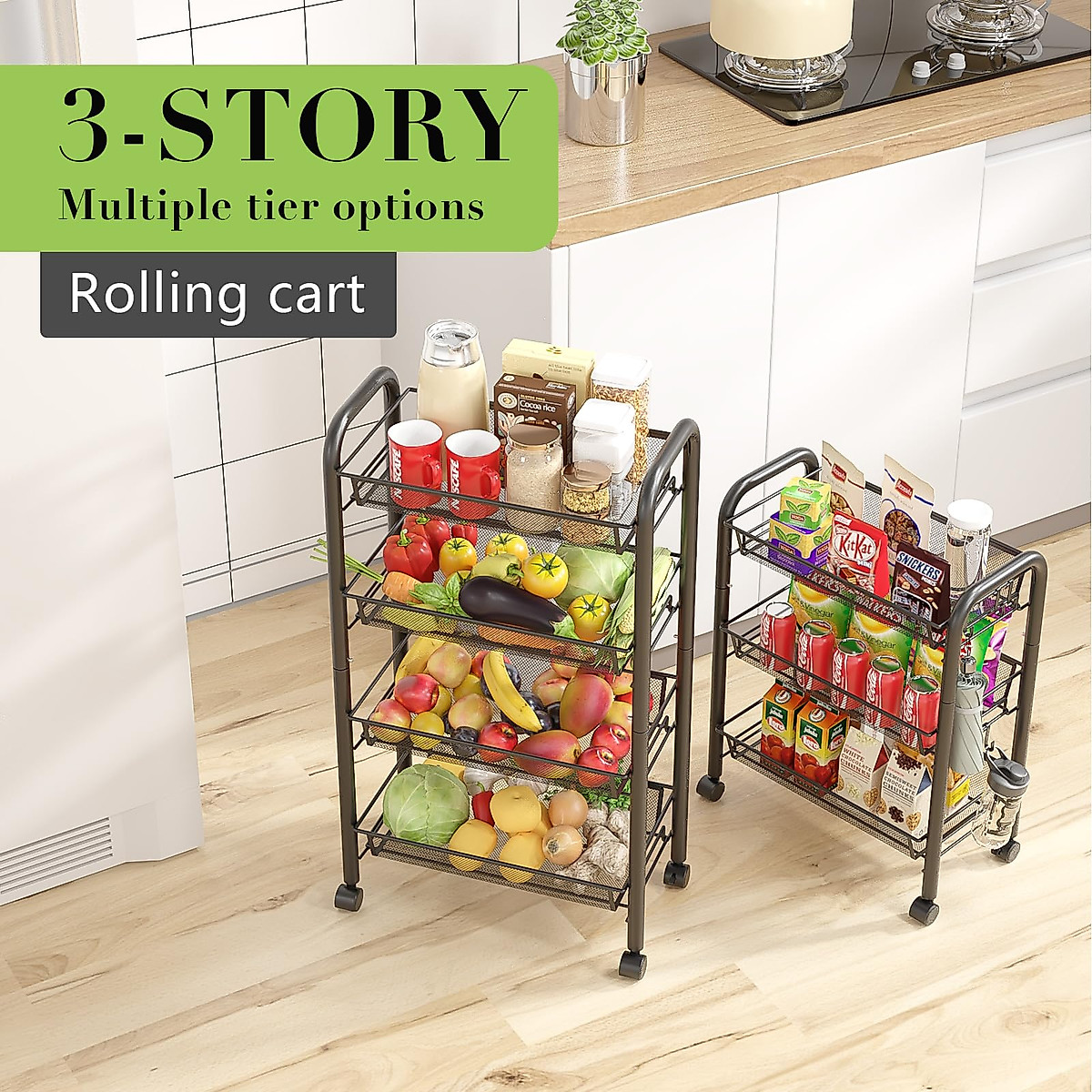 Pokfeic 3-Tier All Metal Rolling Utility Cart, Rolling Metal Organization Cart with Lockable Wheels, Easy Assembly Mobile Utility Cart for Kitchen, Bathroom, Office, Workshop, Rolling Storage Cart