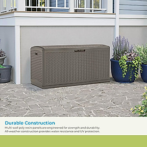 Suncast 124 Gallon Wicker Horizontal Outdoor Deck Box with Hinged Lid, Water-Resistant Storage Solution for Patio, Deck, Yard, and Garage, Stoney