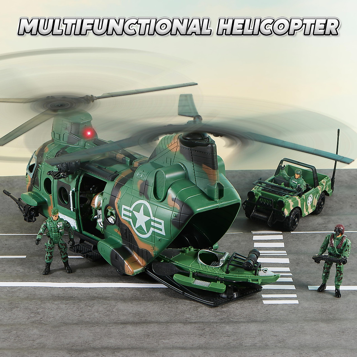 JOYIN 10-in-1 Military Helicopter Toys Set with Light, Sound, Trucks, Boat, Bike, Army Men, Weapons - Kids Gifts