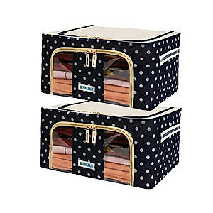 WANLIAN Clothes Bin,Oxford Cloth Sturdy Steel Frame Collapsible Foldable Bin,With Window And Carry Handles Storeage Container(2 Pack, Navy Blue Wave)