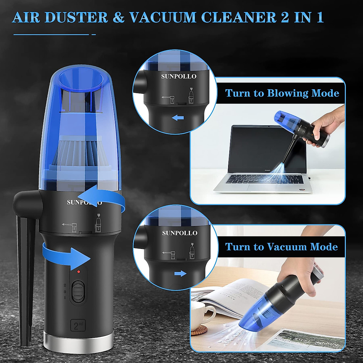 Air Duster & Vacuum 2-in-1, Cordless Electric Compressed Air Blower for Computer Keyboard Cleaning, Portable Handheld Electronics Car Computer Duster, Powerful 77000RPM Motor