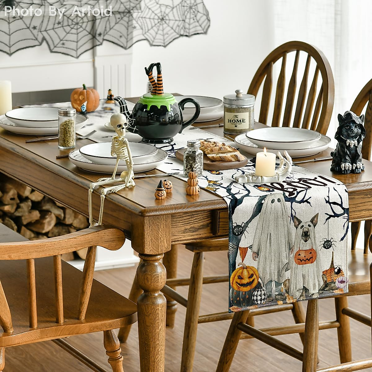 Artoid Mode Ghost Pumpkins Tree Dog Boo Halloween Table Runner, Seasonal Fall Kitchen Dining Table Decoration for Home Party Decor 13x72 Inch