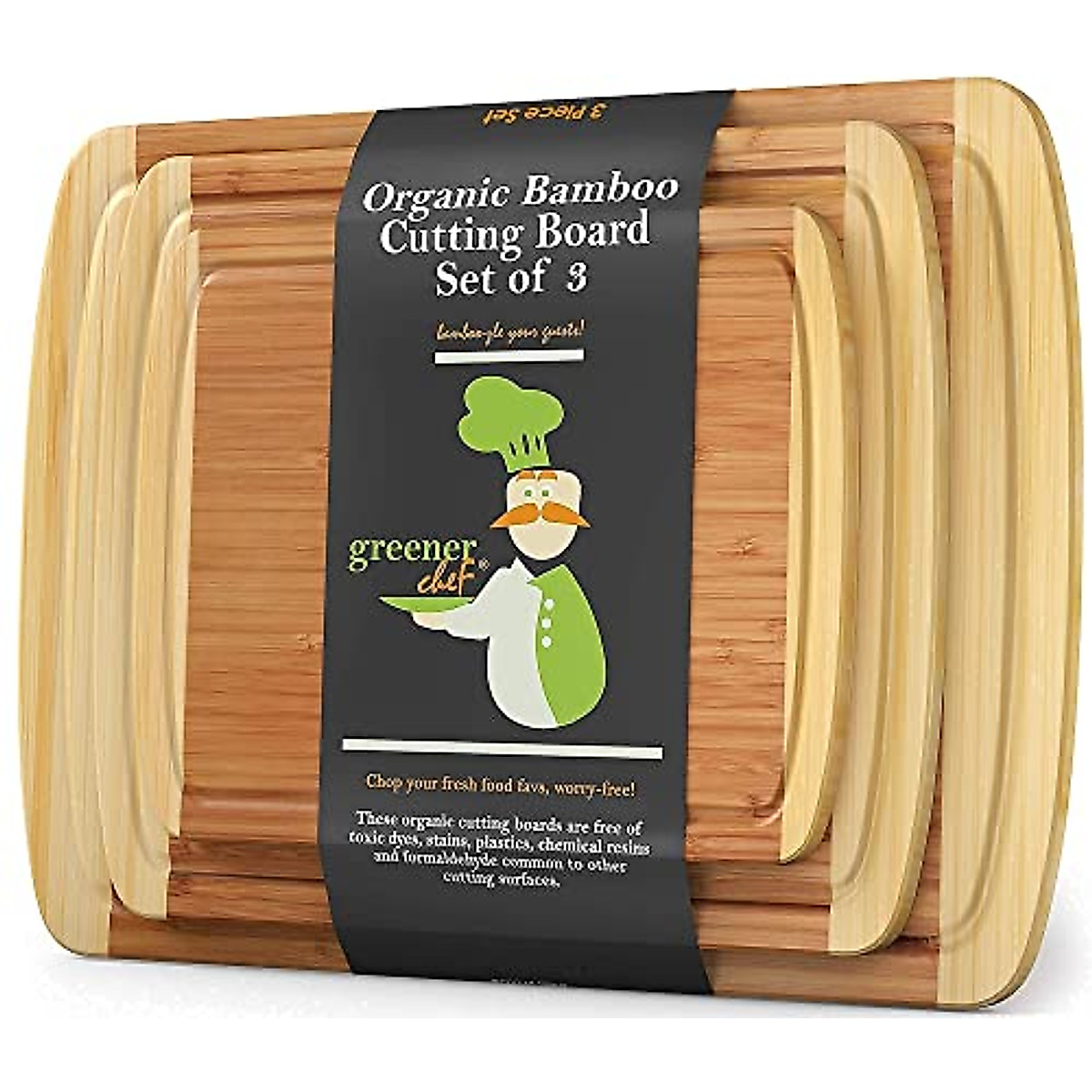Wood Bamboo Cutting Board - Set of 3 - and Food Grade Oil Spray by Greener Chef