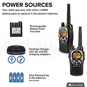 Midland 50 Channel Waterproof GMRS Two-Way Radio - Long Range Walkie Talkie with 142 Privacy Codes, SOS Siren, and NOAA Weather Alerts and Weather Scan (Black/Silver, Pair Pack)