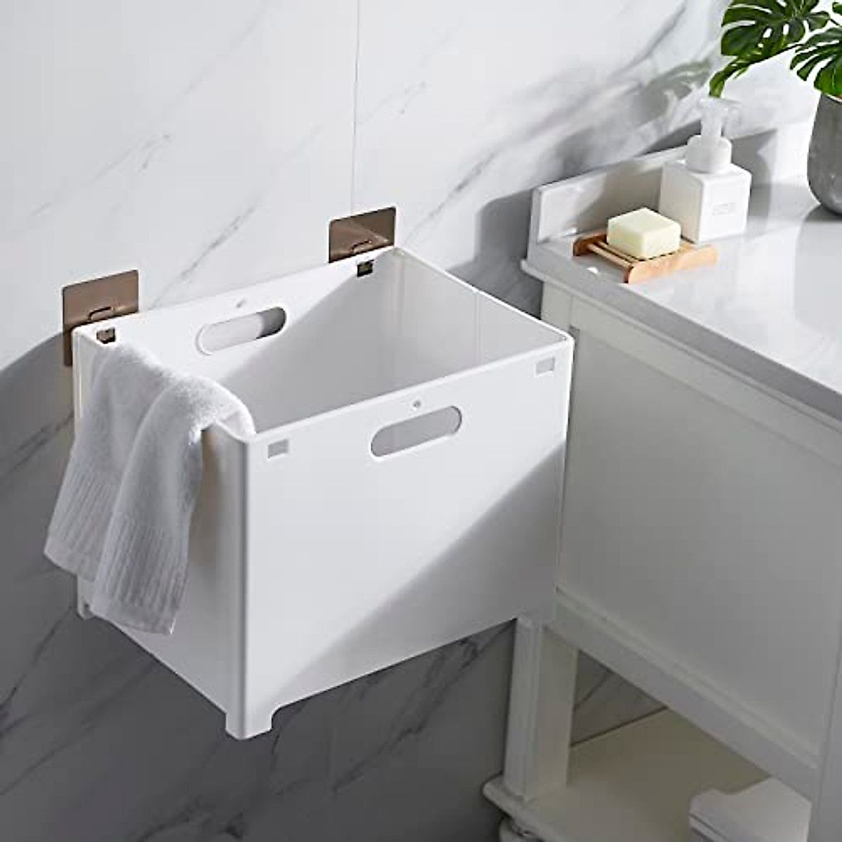 Alacati - Collapsible Laundry Baskets With Handles - Foldable Plastic Laundry Hamper Wall Mount - White Portable Dirty Clothes Baskets Square - Space Saving Flexible Bathroom Storage Organizer Bin