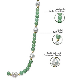 14k Yellow Gold Natural Green Jade and Keshi Freshwater Pearl Necklace for Women (18")