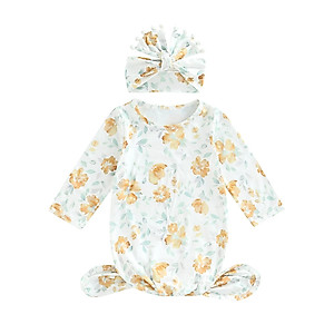 Infant Newborn Baby Girls Floral Sleep Gown Headband Sleepwear Romper Sleeping Bags Outfits (Floral&GreenYellow, 0-3 Months)