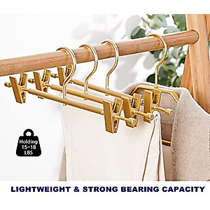 Amber Home Premium Matte Gold Aluminum Pants Hangers 10 Pack, 12.2” Extra Smooth & Durable Metal Skirt Slack Hanger, Light & Sturdy Metal Rack for Trouser with 2-Adjustable Non Slip Clips Swivel Hook