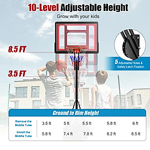 GYMAX Portable Basketball Hoop, 5 FT to 10 FT Adjustable Basketball Goal with 10 Heights, All Weather Basketball Stand System with Weight Bag & Wheels, for Kids Youth Adult, Indoor Outdoor Pool, Court