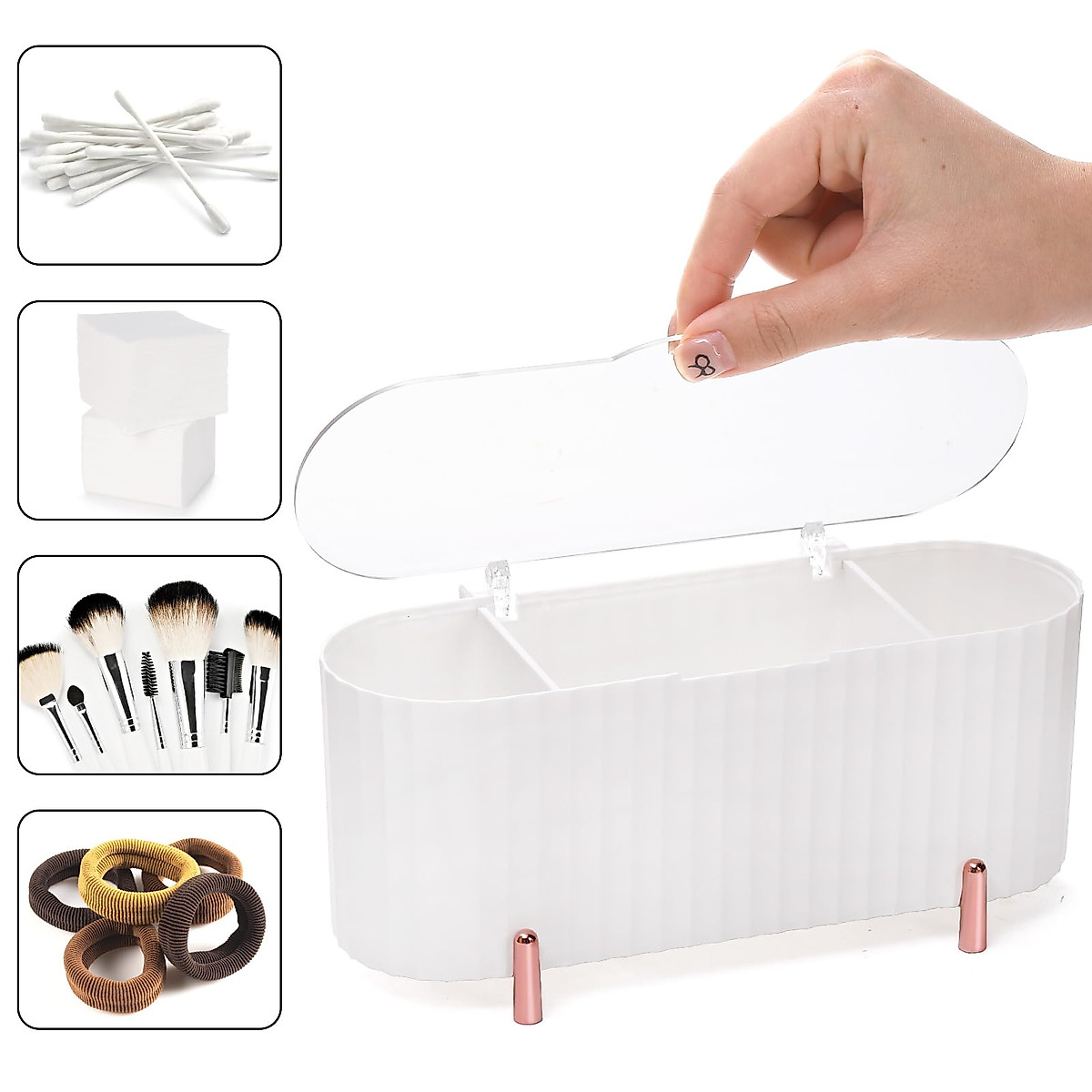 ZOOFOX 2 Pack Qtip Holder Dispenser, Cotton Pads Holder with Clear Lid, Adjustable 3-Grid Bathroom Canisters for Cotton Ball, Swab, Round Pads, Floss, Perfume, Lipstick