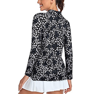 Tanst Sky Long Sleeve Collared Golf Shirts for Women Quick Dry Quarter Zip V Neck Pullover Lightweight Athletic Workout Tops UPF 50+ Gym Hiking Running Clothes Black Large