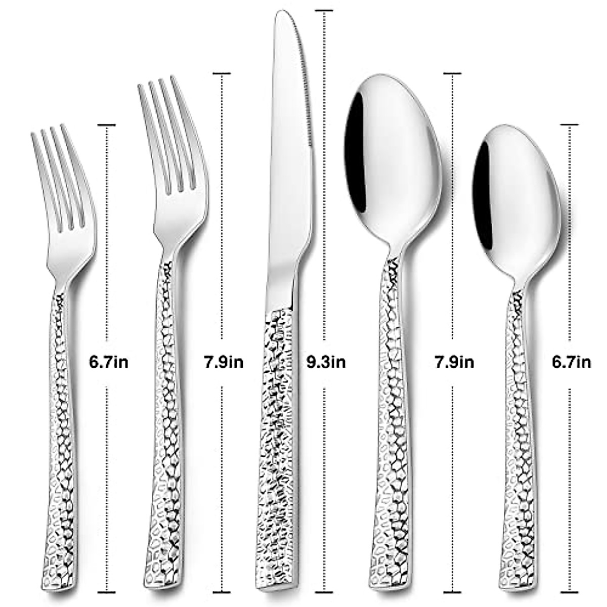 Hammered Silverware Set, 40-Piece Stainless Steel Square Flatware Set for 8, Food-Grade Tableware Cutlery Set, Utensil Sets for Home Restaurant, Mirror Finish, Dishwasher Safe