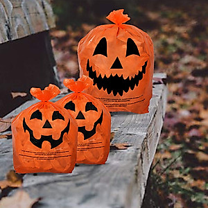 KINREX Halloween Leaf Bags Pumpkin Plastic Lawn and Leaf Bags Decoration - Outdoor Fall Trash Bag Decor - Orange Jack O Lantern - Pack of 3 with Twist Ties