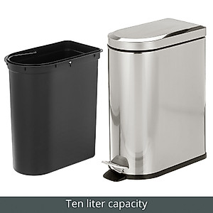 mDesign Small 2.6 Gallon/10 Liter Stainless Steel Metal Step Trash Can Garbage Bin for Bathroom, Bedroom, Office, D-Shape Trashcan w/Foot Pedal/Lid, Removable Liner Bucket w/Handles, Brushed/Chrome