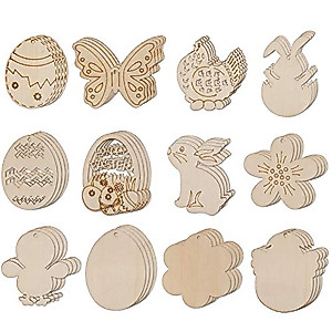 Max Fun 60PCS Easter Wood Cutouts for Crafts Easter Unfinished Ornaments DIY with Bunny to Paint for Kids Easter Party Decorations Decor Hanging Egg Shapes with Drawing Pen and Hang Cords