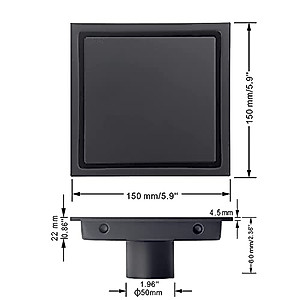 DEOKXZ 6 Inch Black Square Shower Floor Drain, with Removable Grille Cover Tile Insert Hidden Form, SUS304 Stainless Steel
