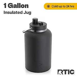 RTIC Jug with Handle, One Gallon, Black Matte, Large Double Vacuum Insulated Water Bottle, Stainless Steel Thermos for Hot & Cold Drinks, Sweat Proof, Great for Travel, Hiking & Camping