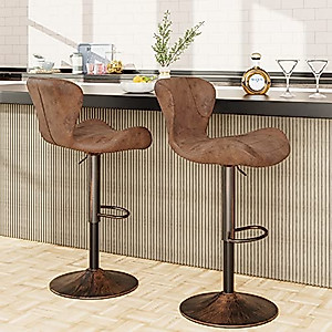 Keyluv Bar Stools Set of 2 Adjustable Swivel Counter Height Barstools Bar Chairs with Backrest and Metal Frame Modern PU Leather Barstool Chairs for Kitchen Bistro Pub, Retro Brown