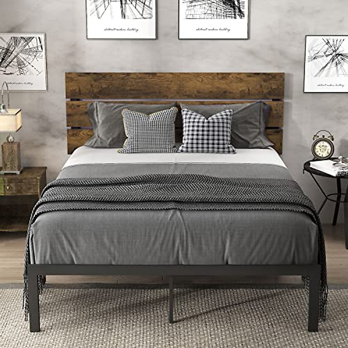 Allewie Queen Size Platform Bed Frame with Wooden headboard and Metal Slats/Rustic Country Style Mattress Foundation/Box Spring Optional/Strong Metal Slats Support/Easy Assembly