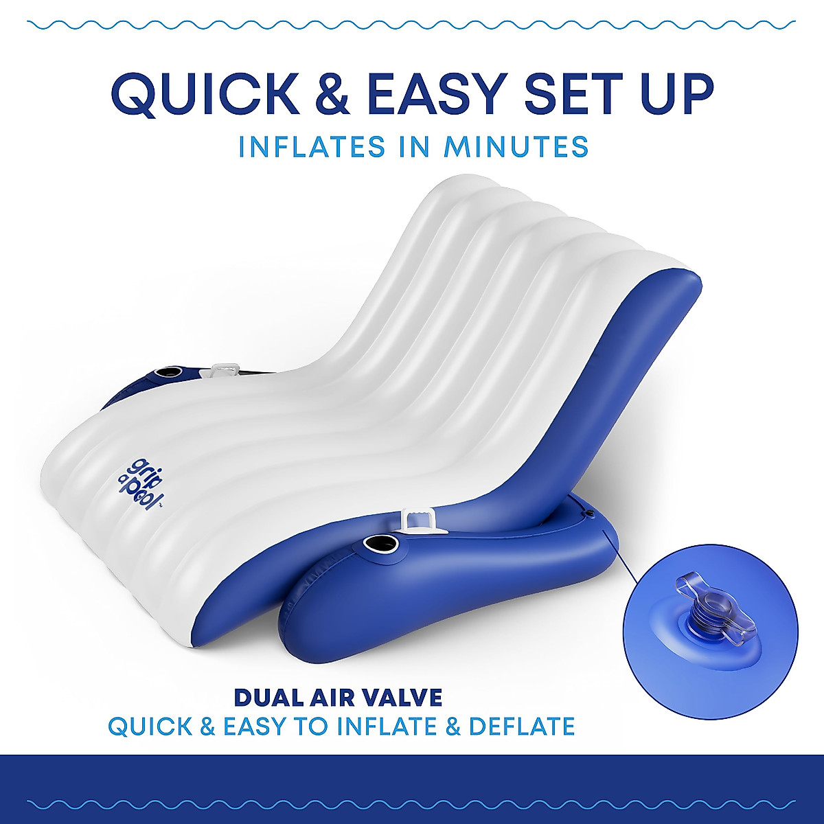 Grip A Pool Inflatable Luxury Chair Recliner Float for 1-2 Adults, Extra Large Heavy Duty Pool Lounge Raft for Floating, Lake, River, Beach