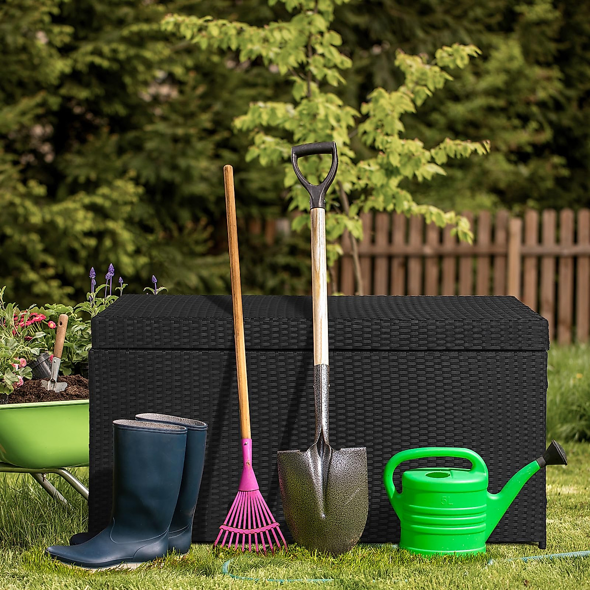 VINGLI Upgraded Version 132 Gallon Outdoor Storage Box, Patio Rattan Deck Box, Wicker Storage Bench for Indoor, Outdoor, Pool, Balcony, Yard, Garden, Black