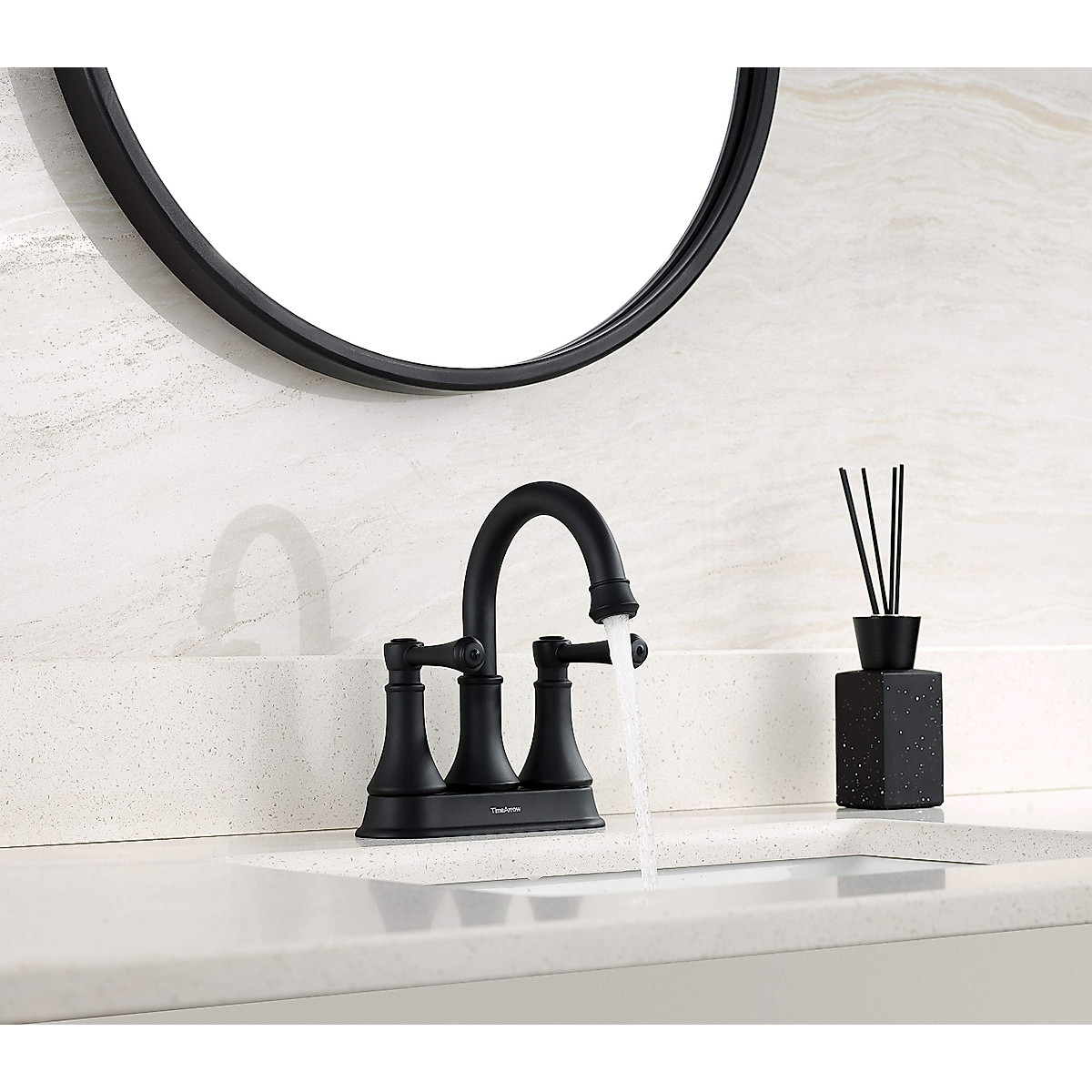 TimeArrow Matte Black 2 Handle Centerset Bathroom Sink Faucet 3 Holes with Drain Assembly, High Arc Modern 4 Inch Bathroom Vanity Lavatory Faucet with Brass 360° Swivel Spout, TAF067Y-MB