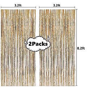 i-CHONY 2 Pcs 3.2ft x 8.2ft Champagne Gold Metallic Tinsel Foil Fringe Curtains Photo Booth Backdrop for Baby Shower Birthday Wedding Holiday Celebration Bachelorette Party Decorations