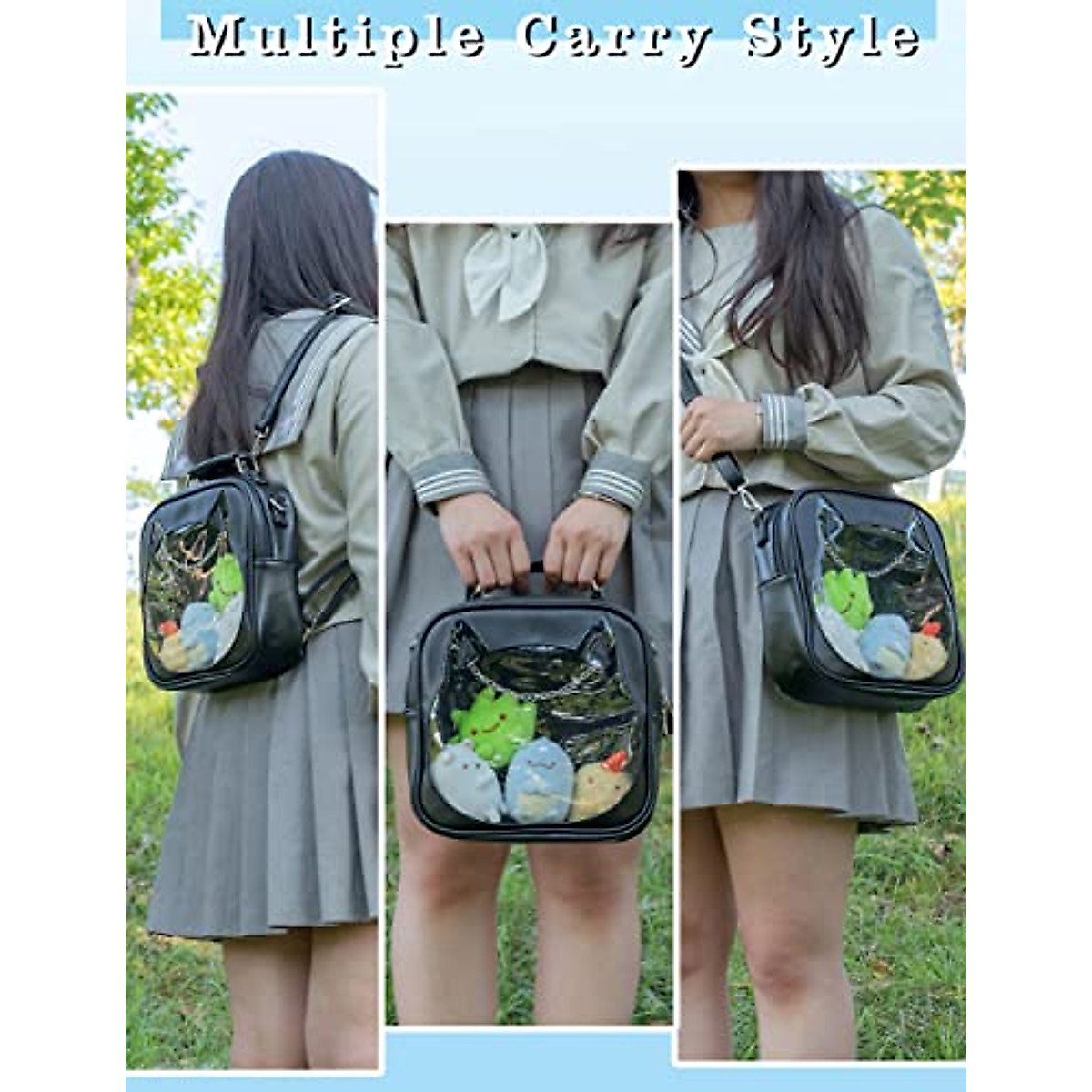 Soutrend Convertible Ita Bag for Anime Cosplay Pin Display Bag Cute Cat Women Purse Crossbody Shoulder Bag Satchel Lolita JK Bag Handbag Backpack Clear Bag with Insert