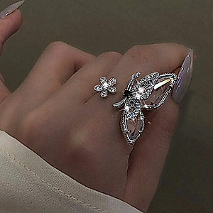 EVILD Rhinestone Butterfly Ring Bow-Knot Knuckle Ring Adjustable Open Ring Expandable Joint Ring for Women (A)