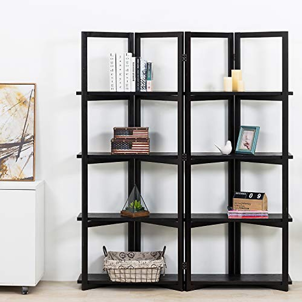 MyGift 4-Panel Open Bookcase Black Wood Room Divider with 4 Shelves